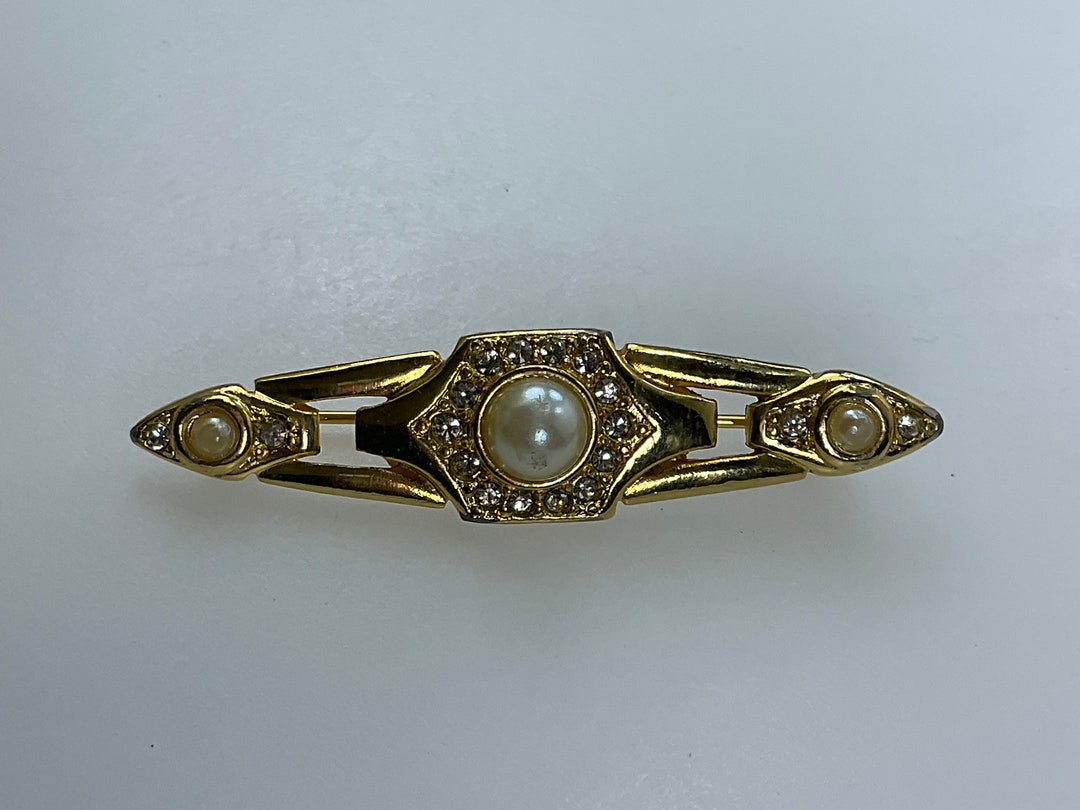 Vintage Pin Brooch Gold Toned Bar Style With Clear Rhinestones and Faux ...
