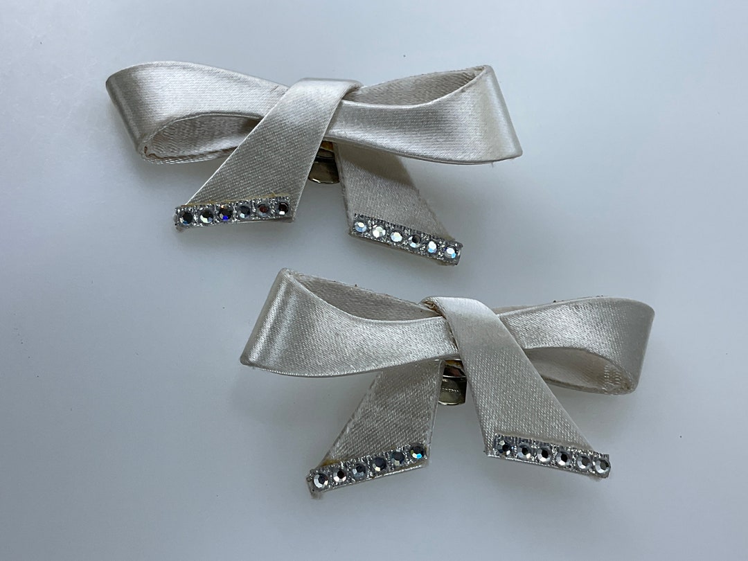 Vintage Shoe Clips White Satin With Silver Toned Accent and Clear ...