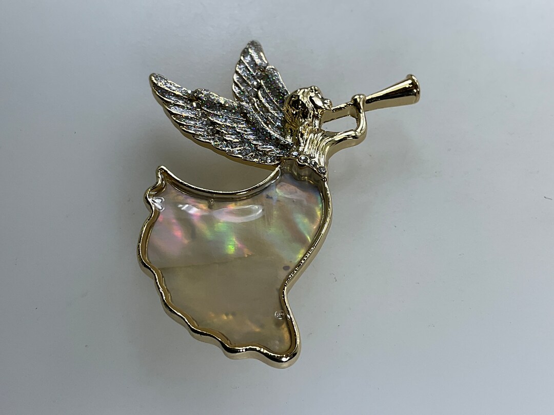 Vintage Napier Pin Brooch Gold Toned Angel With Trumpet Iridescent ...