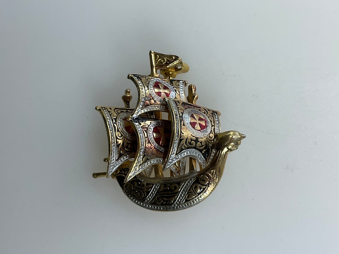 Vintage Pin Brooch Gold Toned Gallion Ship With Crosses Red Black ...