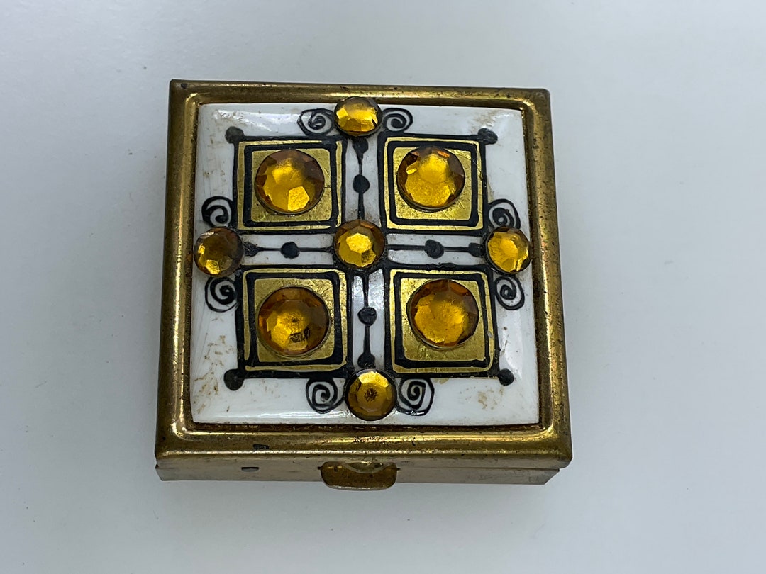 Vintage Pill Box Gold Toned Square White Ceramic With Black Accent and ...