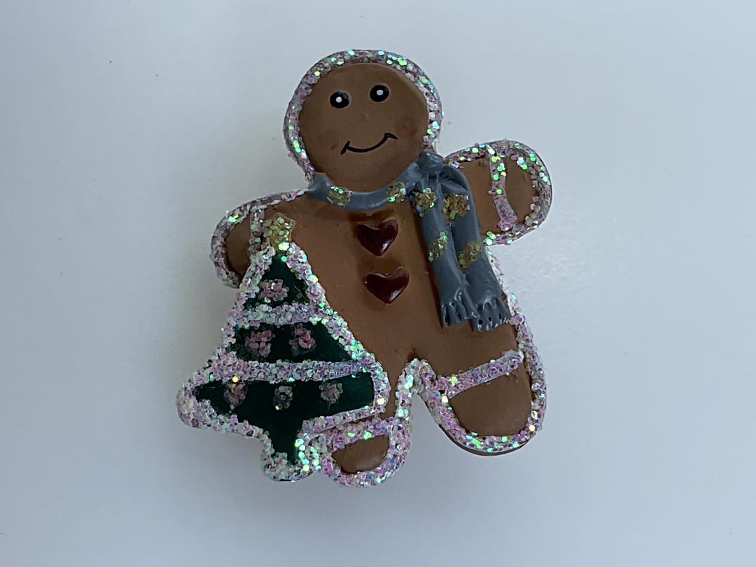 Vintage Pin Brooch Gingerbread Man With Christmas Tree Brown Green Blue ...