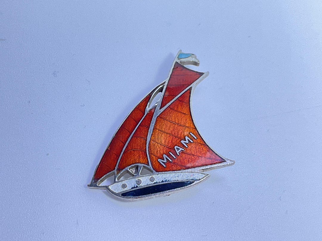 Vintage Silver Toned Pin-brooch Miami Sailboat With Enamel Used - Etsy