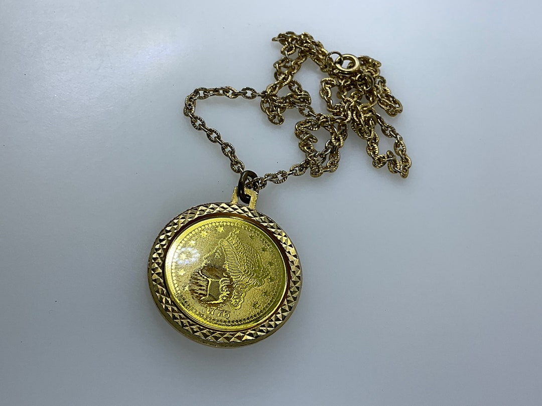 Vintage 23” Necklace Gold Toned Faux Coin 1776 Twenty D Needs Cleaned ...