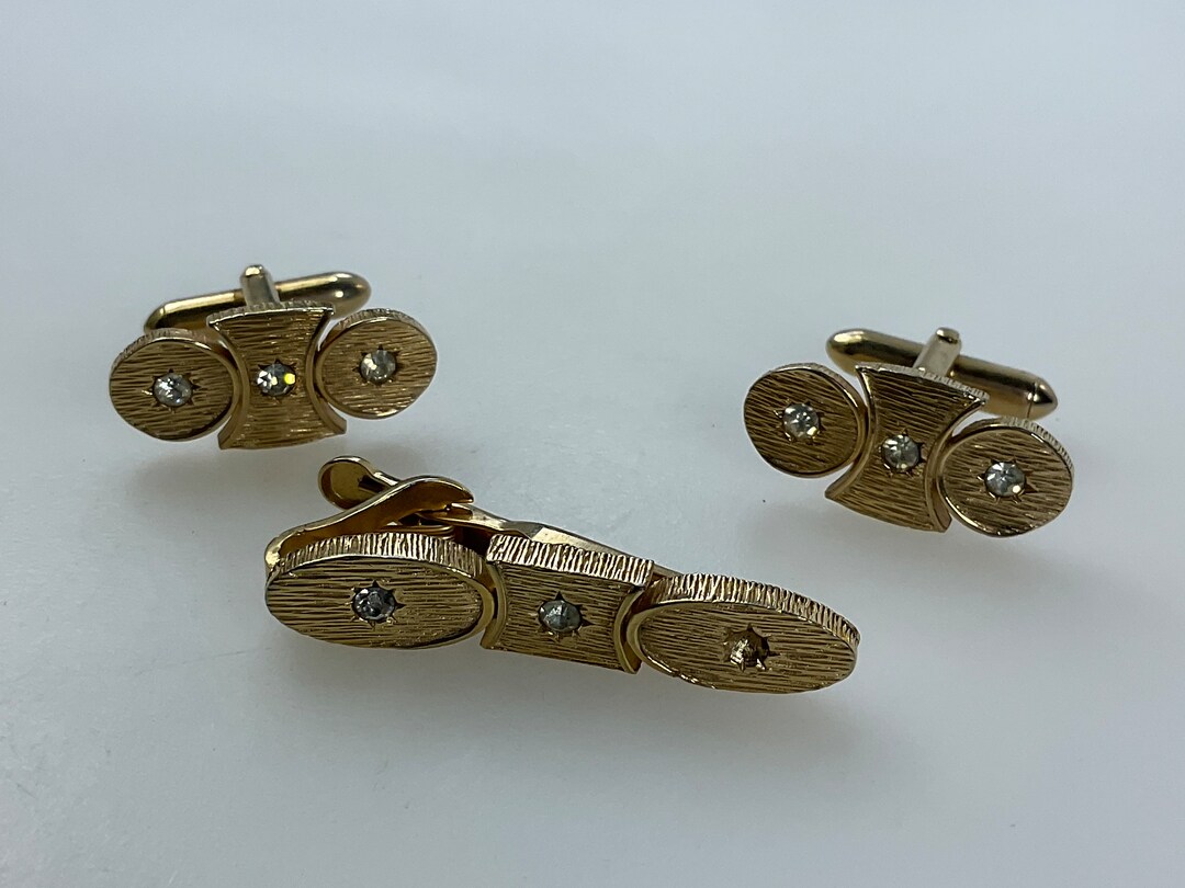 Vintage Swank Cuff Links Tie Bar Set Gold Toned Ovals With Clear ...