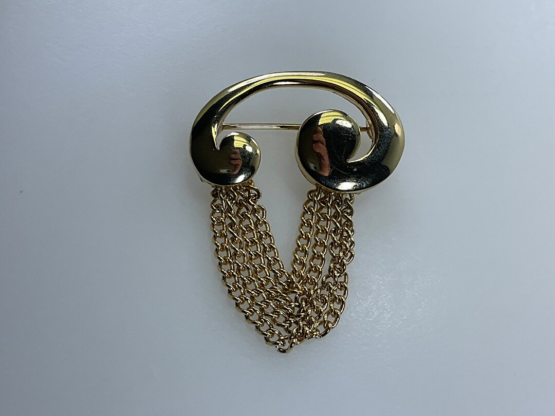 Vintage Pin Brooch Gold Toned Curl With Chains Used - Etsy