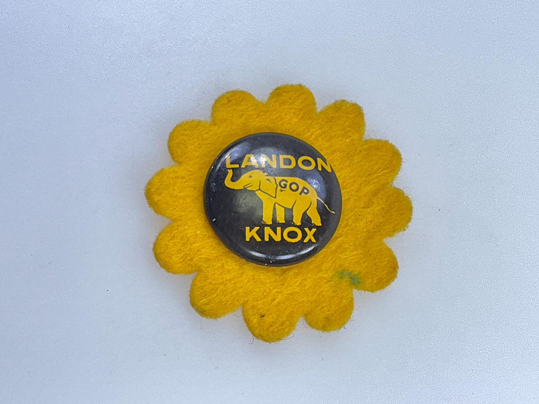 Vintage Pin Back Button Landon Knox GOP and Elephant Black Yellow Used ...