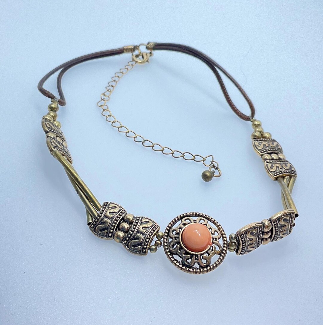 Vintage 12”-16” Gold Toned Brown Cord Necklace With Designed Beads and ...