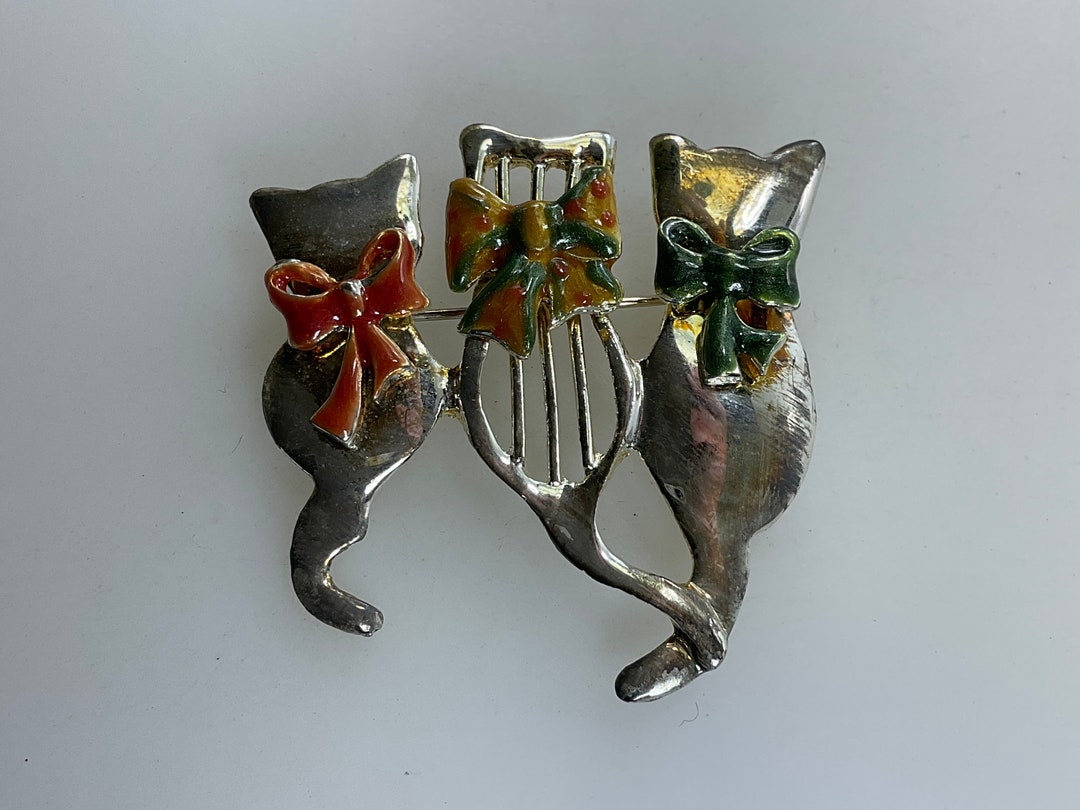 Vintage Pin Brooch Silver Toned 3 Cats With Bows Pink Orange Green ...