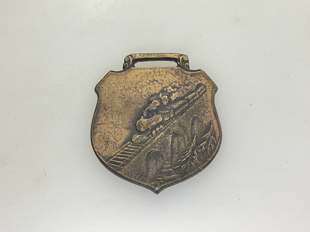 Vintage Fob Brass Toned Shield With Train Design Used - Etsy