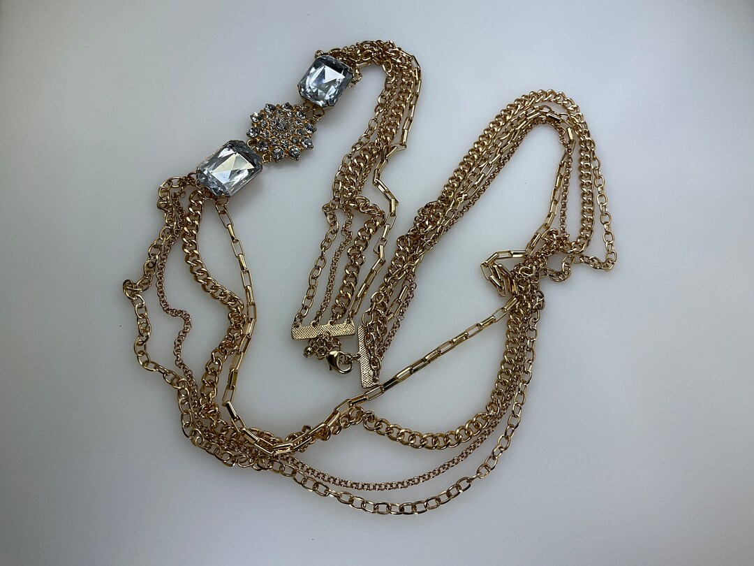Vintage 34”-36” Necklace 3 Strands Gold Toned Chains With Clear ...