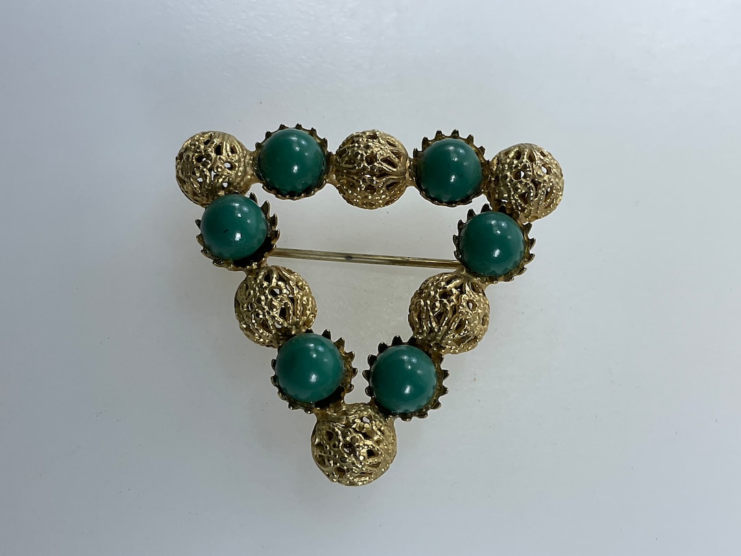 Vintage Pin Brooch Gold Toned Triangle With Filigree Balls and Green ...