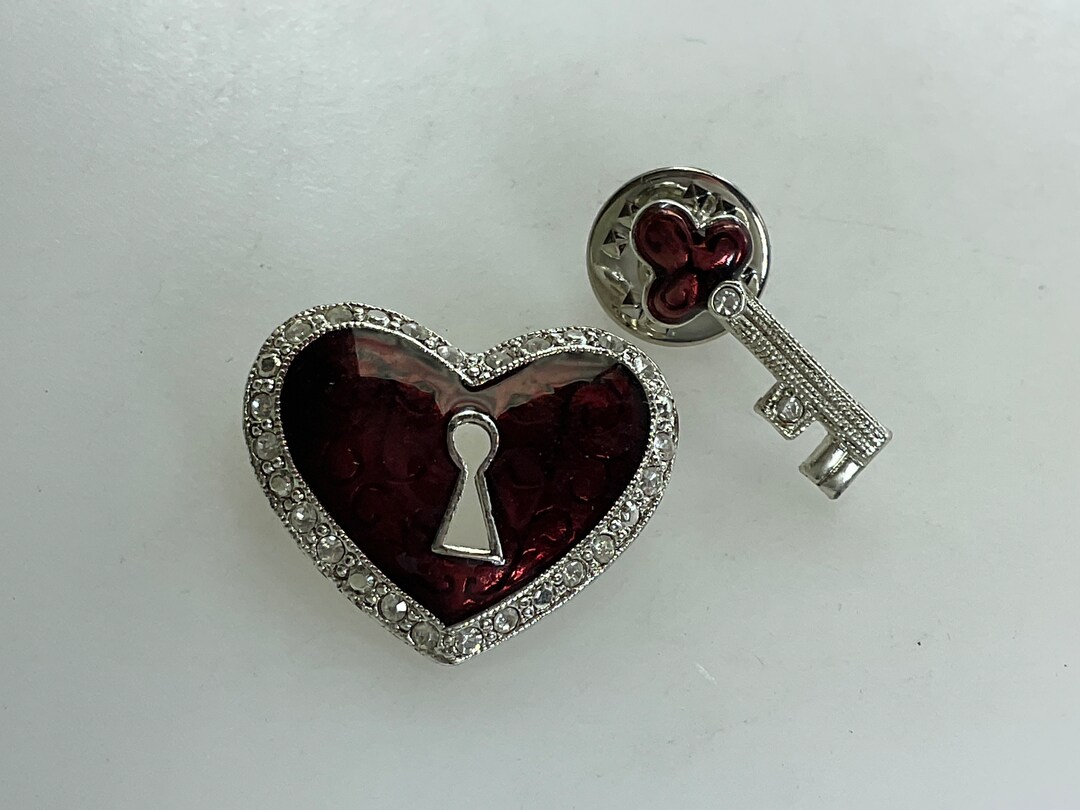 Vintage LC Pin Brooch Set Silver Toned Heart and Key Burgundy Enamel ...