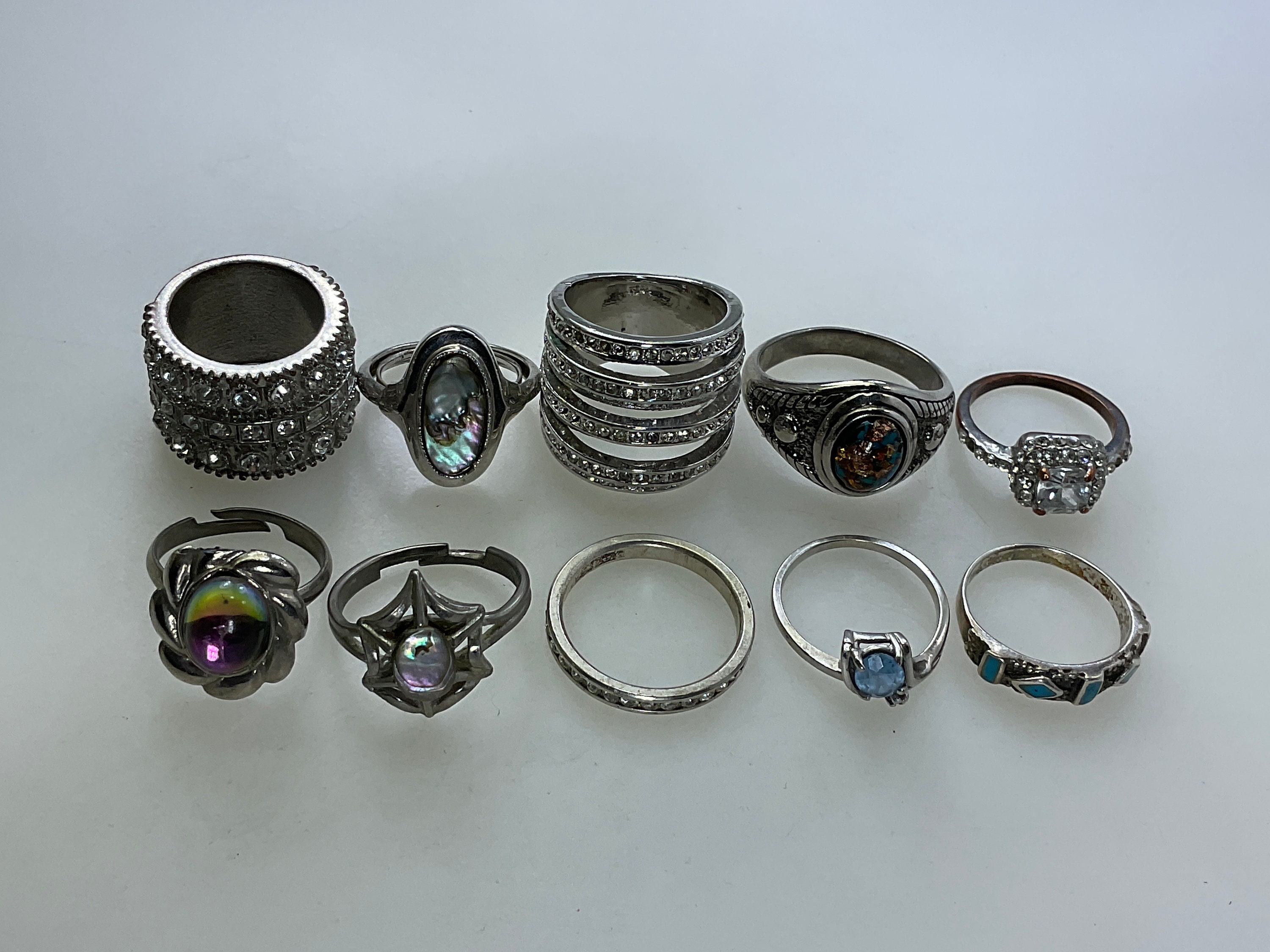 Vintage Lot of Ten Rings Silver Toned Assorted Sizes and Styles Minor ...