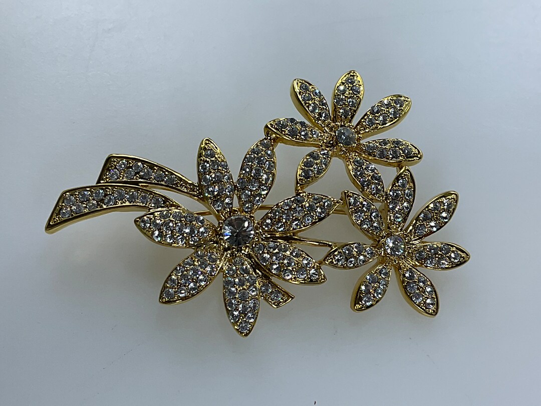 Vintage Napier Brooch Gold Toned Flowers With Clear Rhinestones Used - Etsy