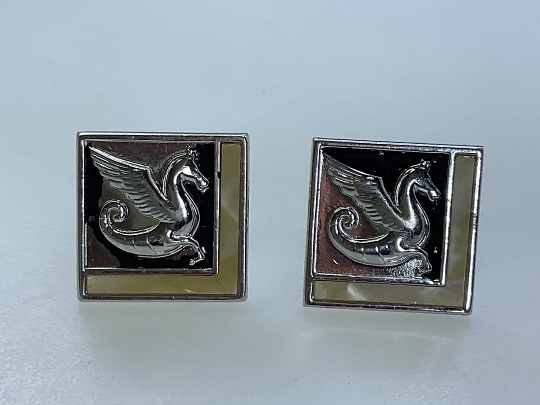 Vintage Swank Cuff Links Silver Toned Square With Winged Seahorse Faux ...