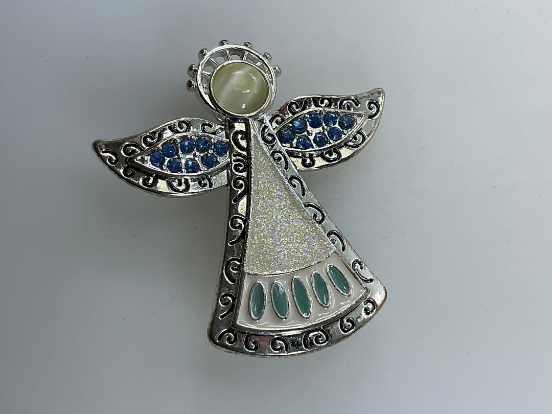 Vintage KC Pin Brooch Silver Toned Angel With White Fiber Optic Blue ...