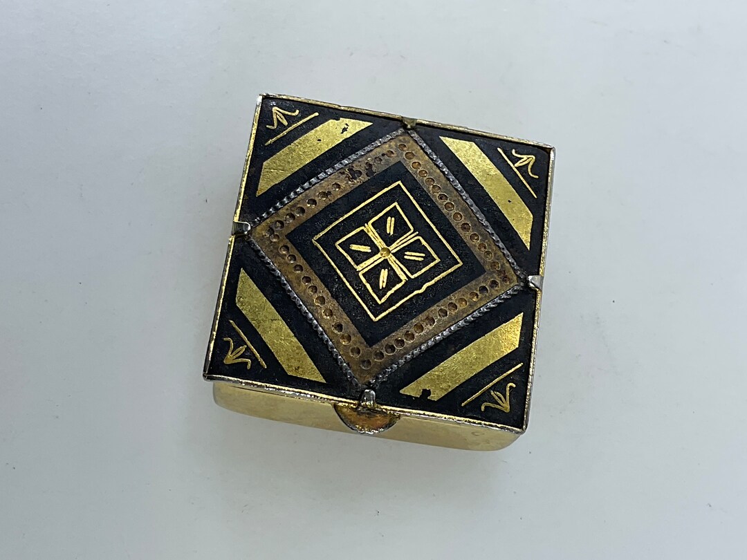 Vintage Pill Box Gold Toned Square With Geometric Design and Black ...