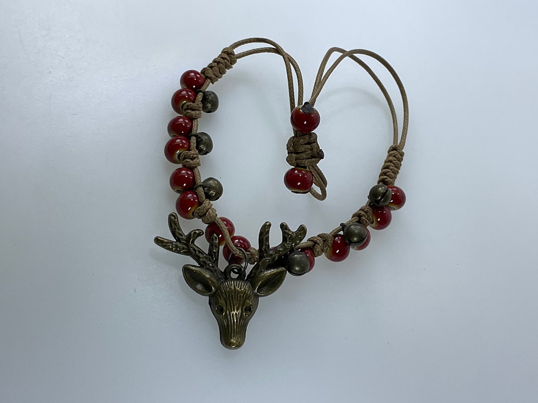 Vintage 12” Necklace Brass Toned Buck With Red Ceramic Beads on Brown ...