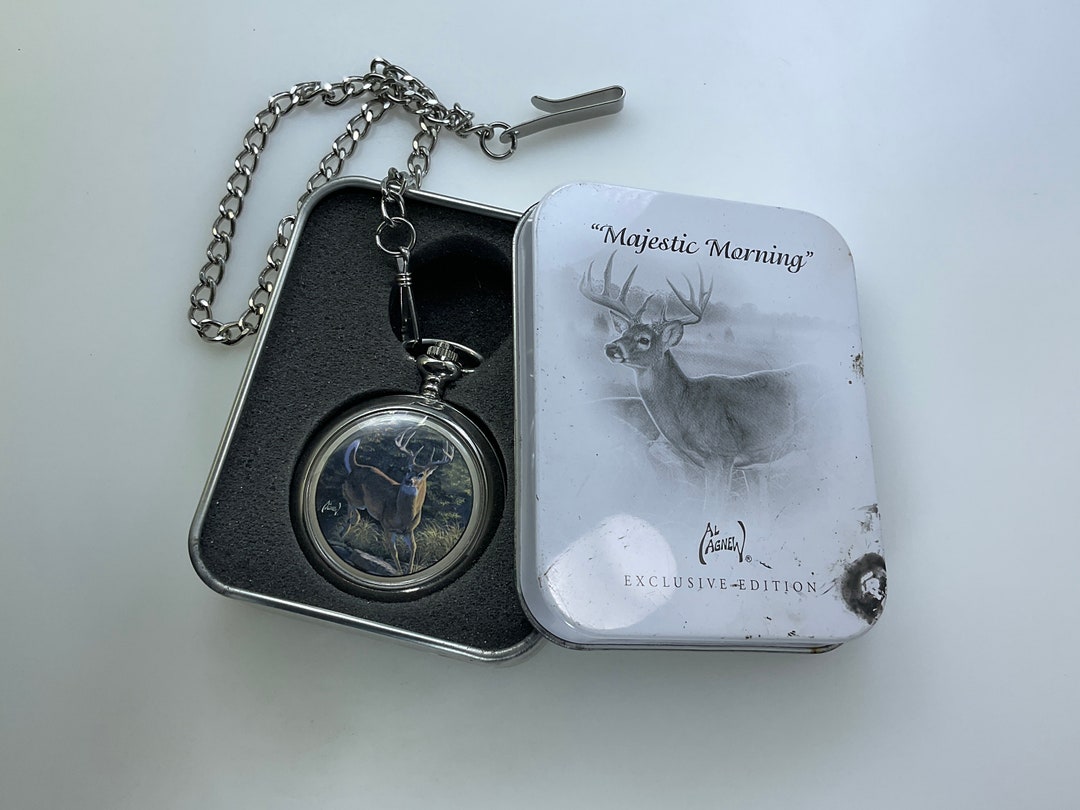 Vintage Al Agnew Pocket Watch Majestic Morning Buck Scene in Tin ...