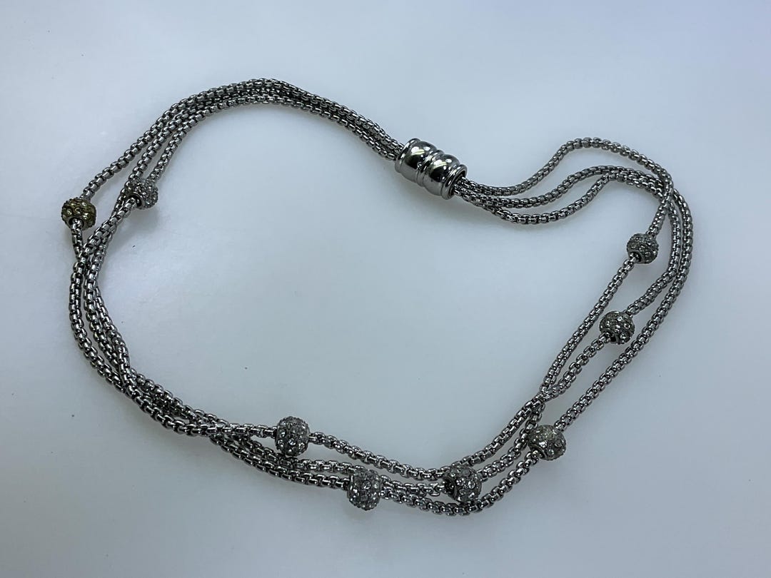 Vintage 15” Necklace 3 Strands Silver Toned Chains With Beads and Clear ...