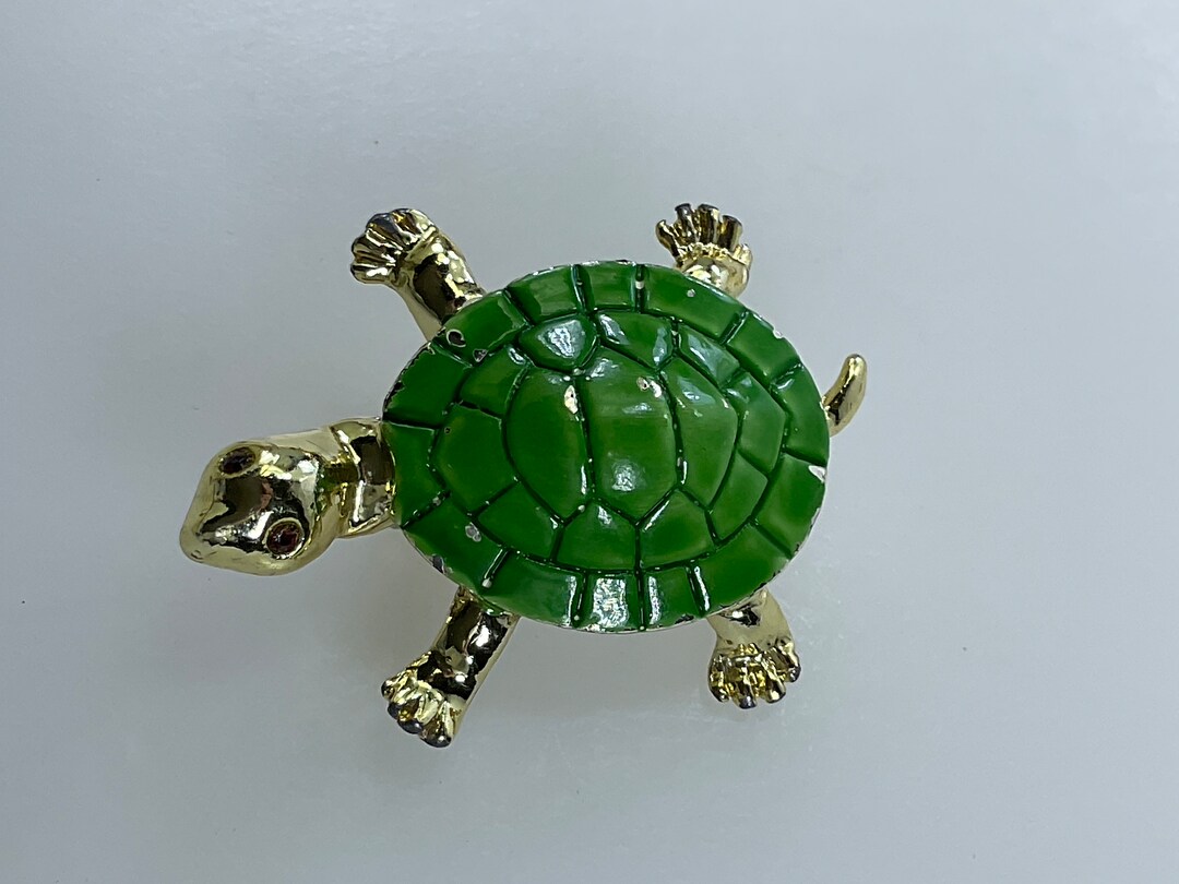 Vintage Pin Brooch Gold Toned Turtle With Red Rhinestones and Green ...