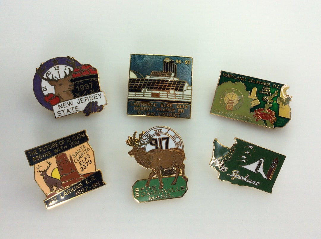 Vintage Lot of Six Pins Gold Toned ELKS Club Assorted Enameled Designs ...