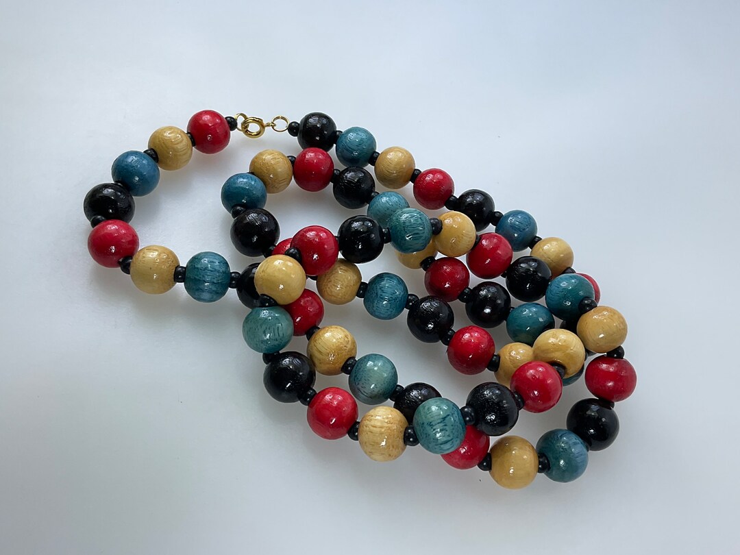 Vintage 28” Necklace With Wood Beads Black Red Blue and Natural Used - Etsy