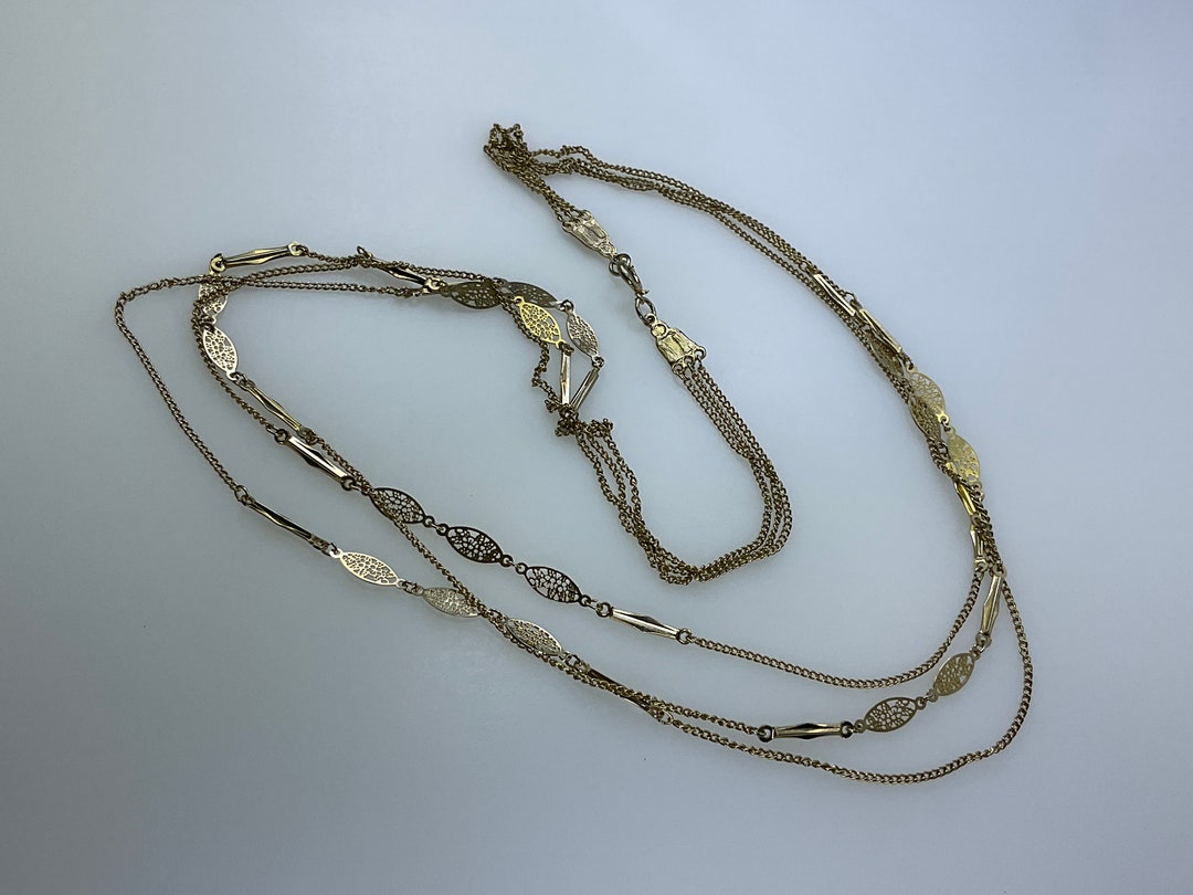 Vintage 24” Necklace Gold Toned 3 Strands Chains With Floral Accents ...