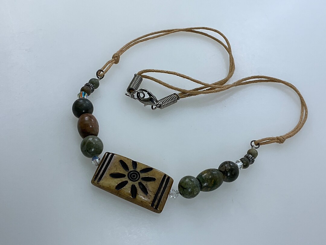 Vintage 16” Necklace Bone Rectangle With Flower Green Brown Beads Used ...