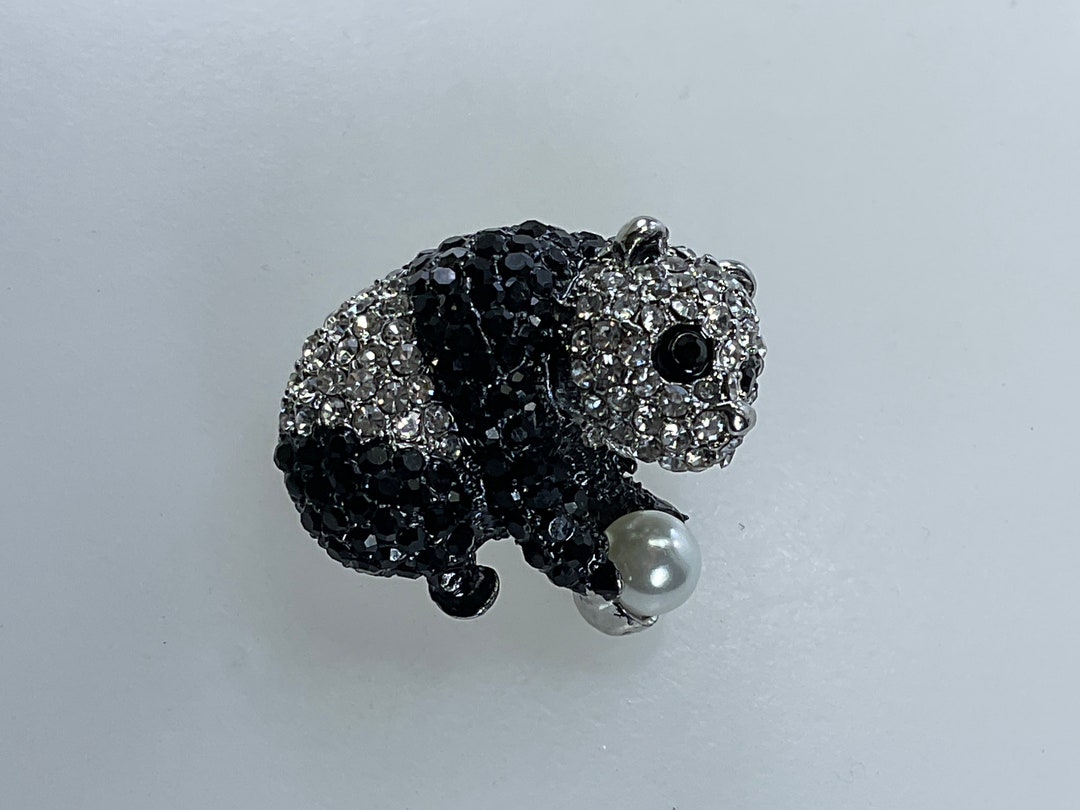 Vintage Pin Brooch Silver Toned Panda Bear With Clear and Black ...