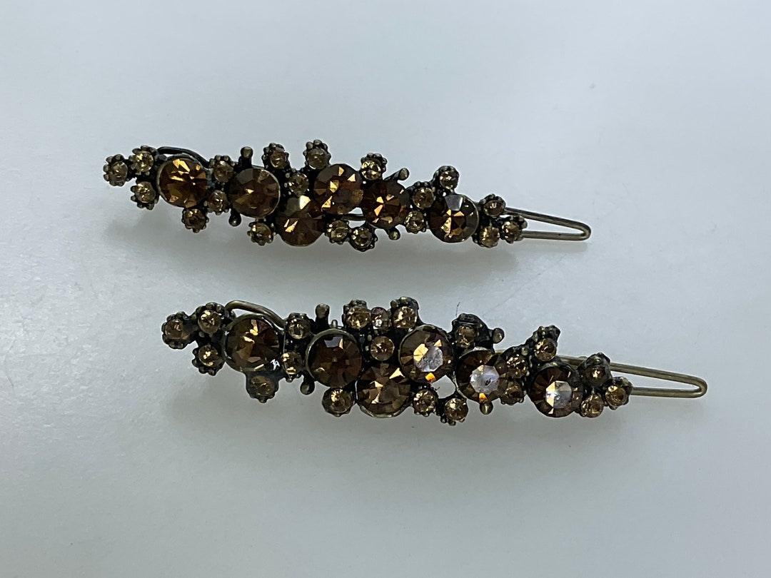 Vintage Barrette Set Brass Toned Bar With Champagne Rhinestones Used - Etsy