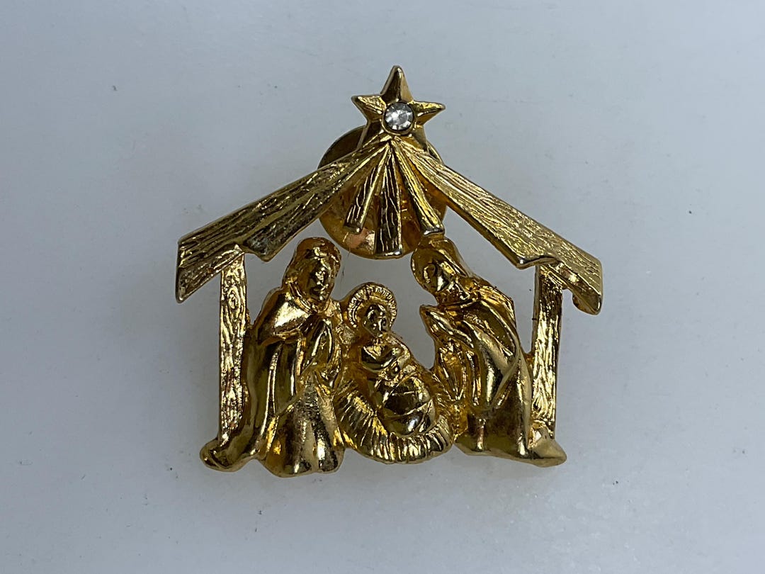 Vintage Pin Brooch Gold Toned Nativity With Clear Rhinestone Used - Etsy