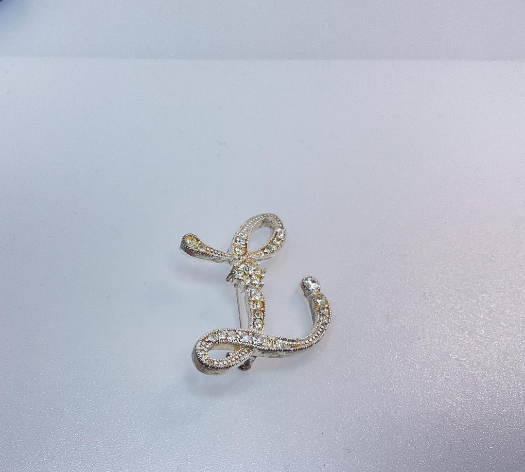 Vintage Silver Toned Brooch Pin L Shape With Clear Rhinestones Used - Etsy