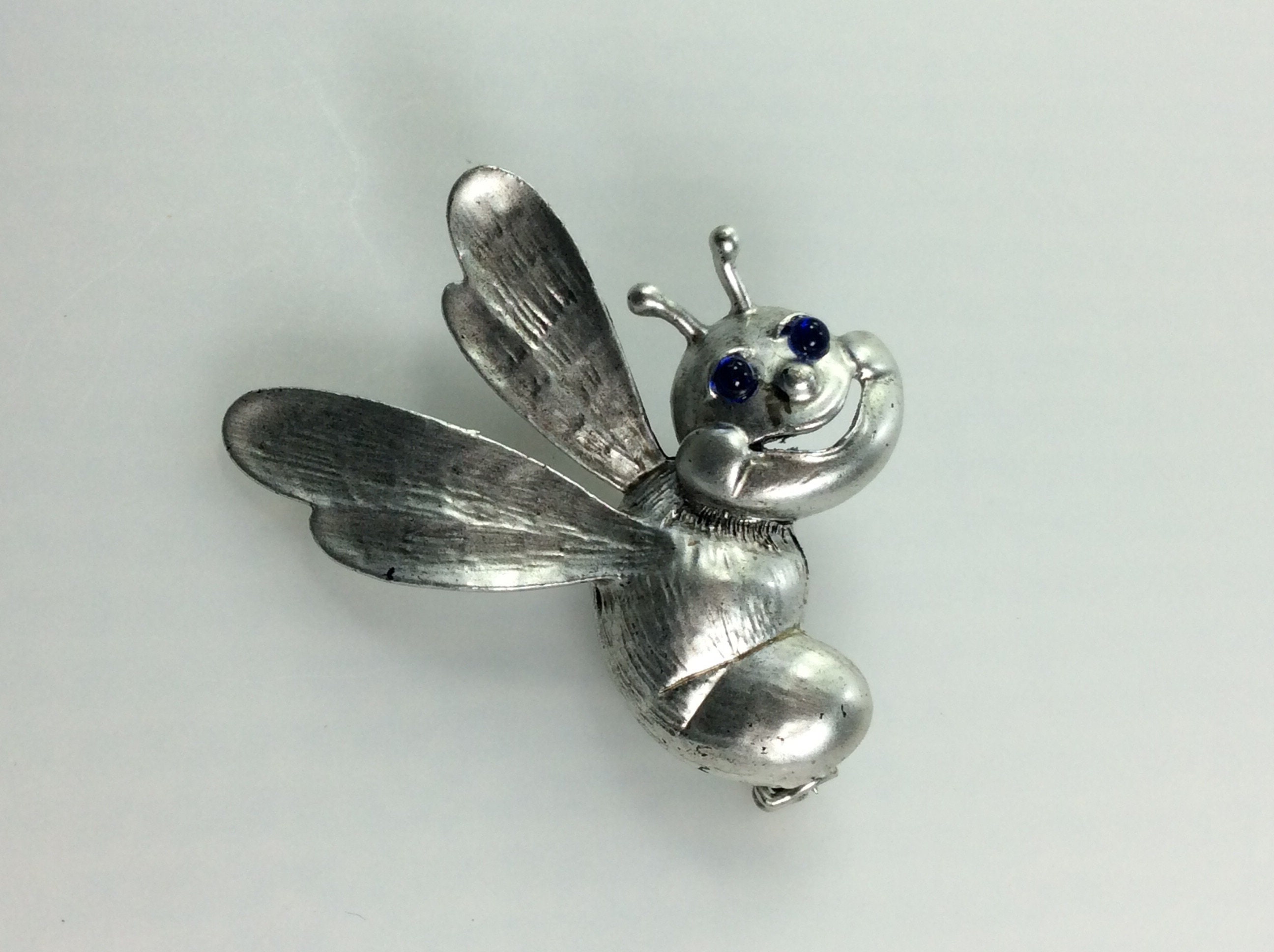 Vintage JJ Pin Brooch Pewter Bee With Silver Finish and Blue ...