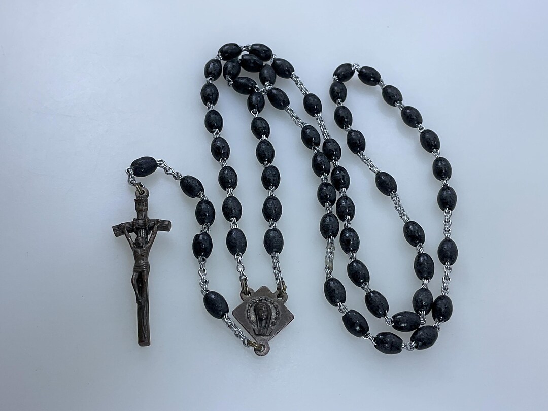 Vintage Knights of Columbus 24 Rosary Silver Toned With Black Beads ...