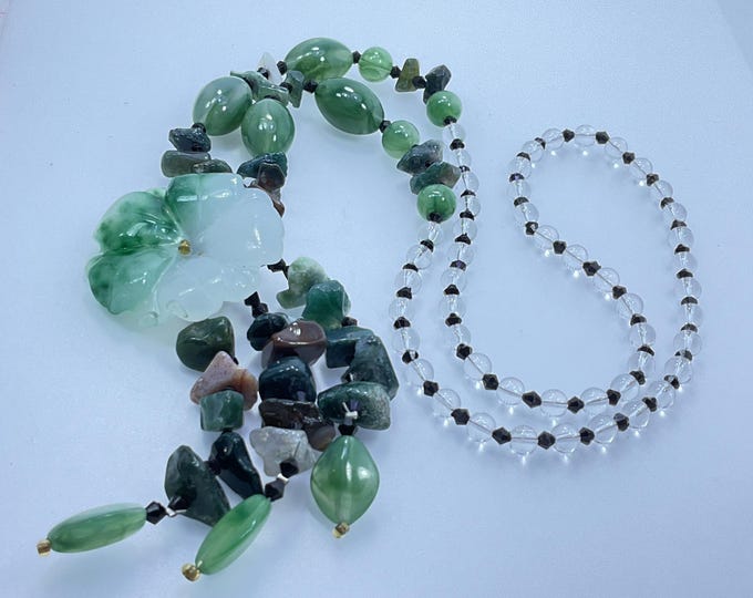 Vintage 26” Necklace With Clear,black,jade Beads and Jade Flower Used ...