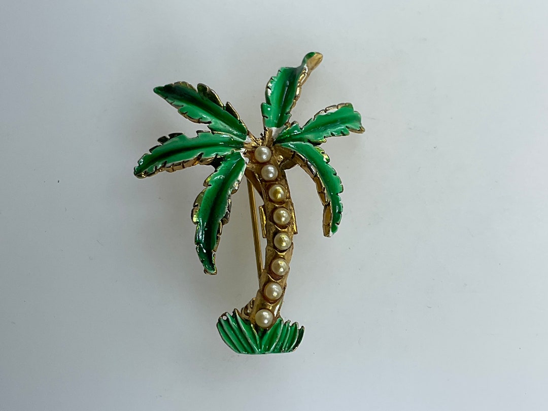 Vintage Pin Brooch Gold Toned Palm Tree With Green Enamel and Faux ...