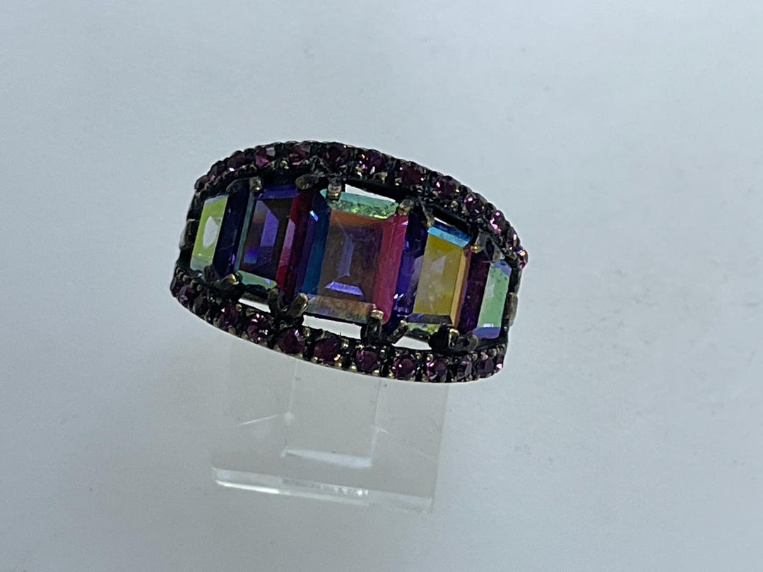 Vintage Kirks Folly Ring Size 8.25 Brass Toned With AB Pink Rhinestones ...