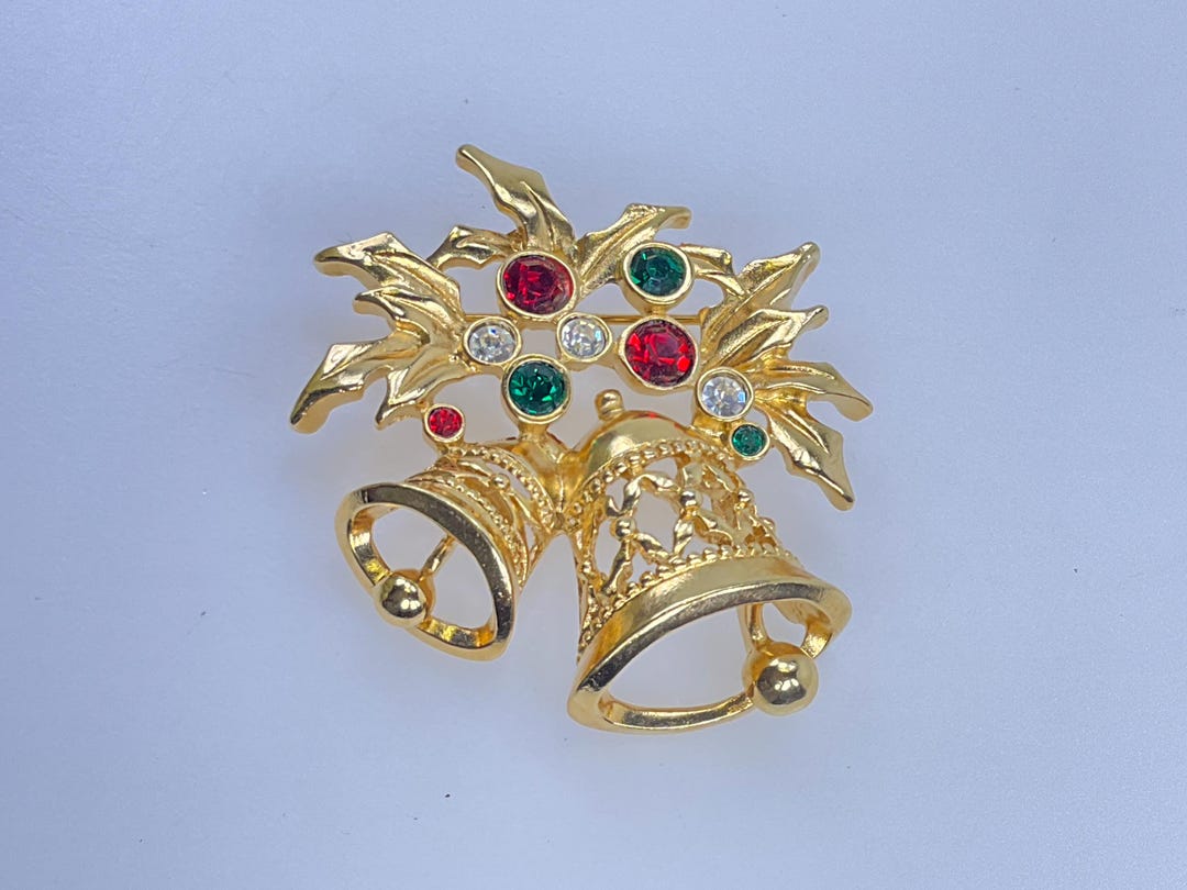 Vintage Avon Pin Brooch Gold Toned Christmas Bells With Holly Red Green ...