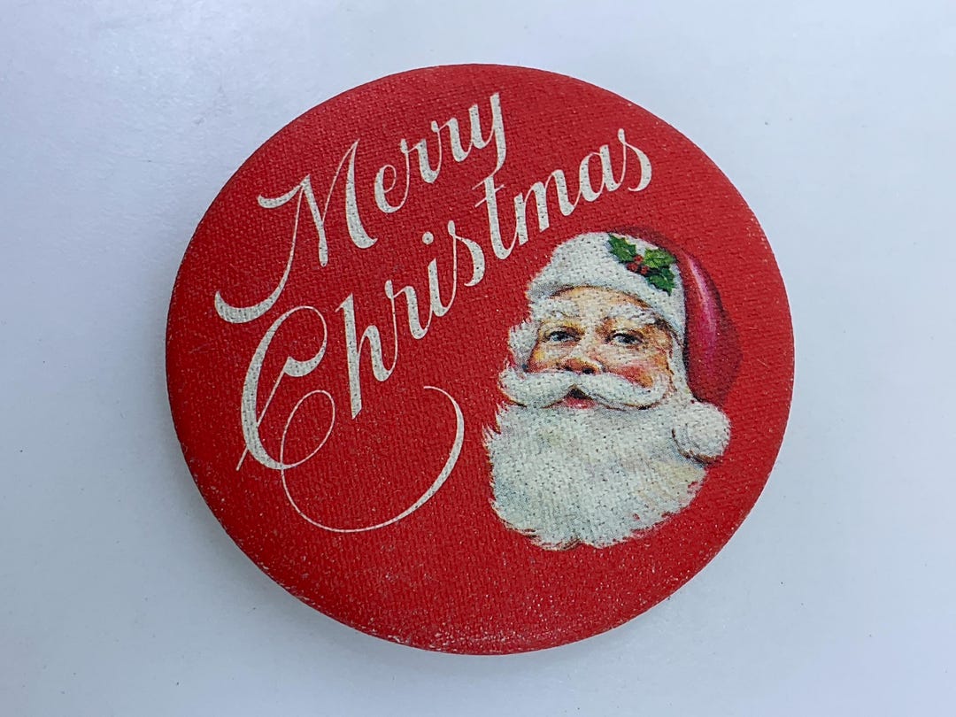 Vintage Hallmark Pin Back Button Merry Christmas With Santa Red White ...
