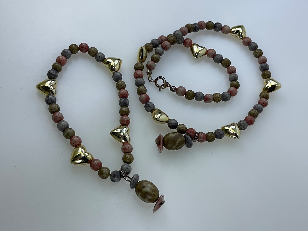 Vintage 16” Necklace Stretchy 7” Bracelet Set With Gold Toned Hearts ...