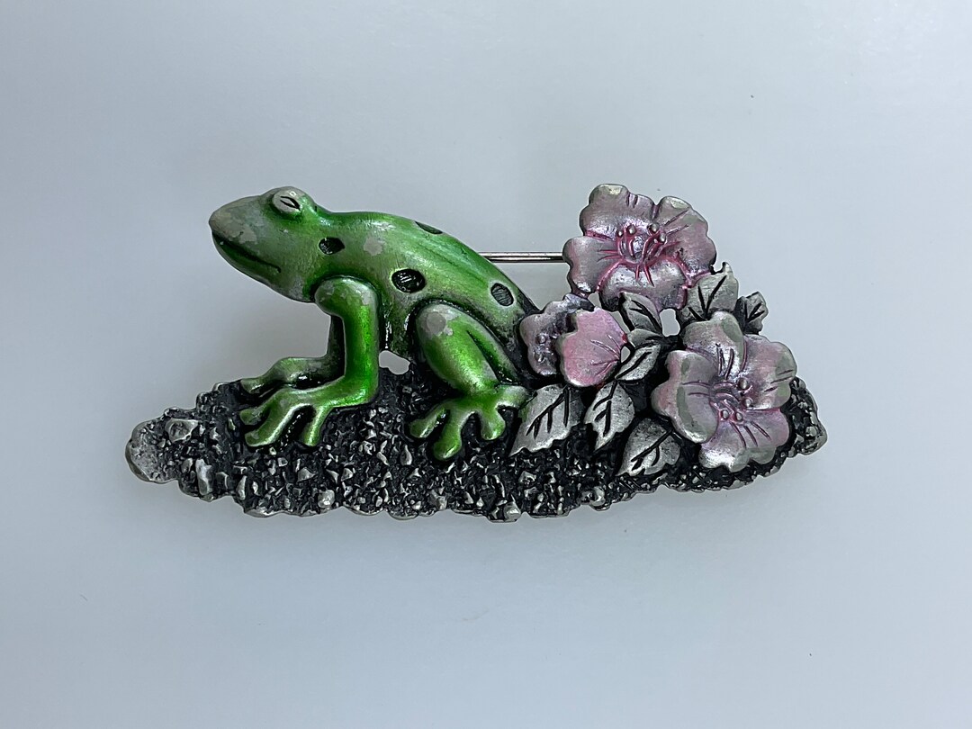 Vintage JJ Pin Brooch Pewter Toned Frog and Flowers Green Pink Enamel ...