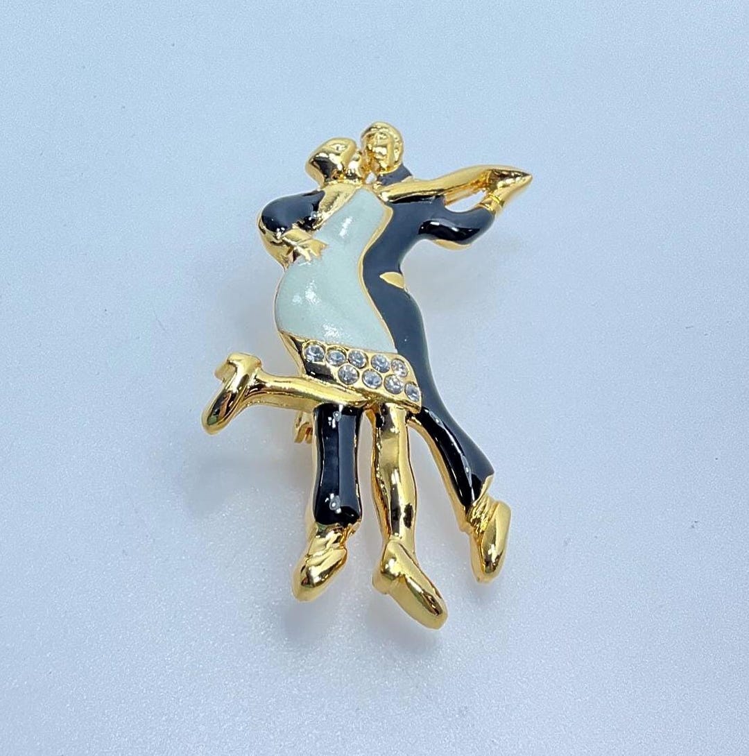 Vintage Pin Brooch Gold Toned Dancing Couple With Black White Enamel ...