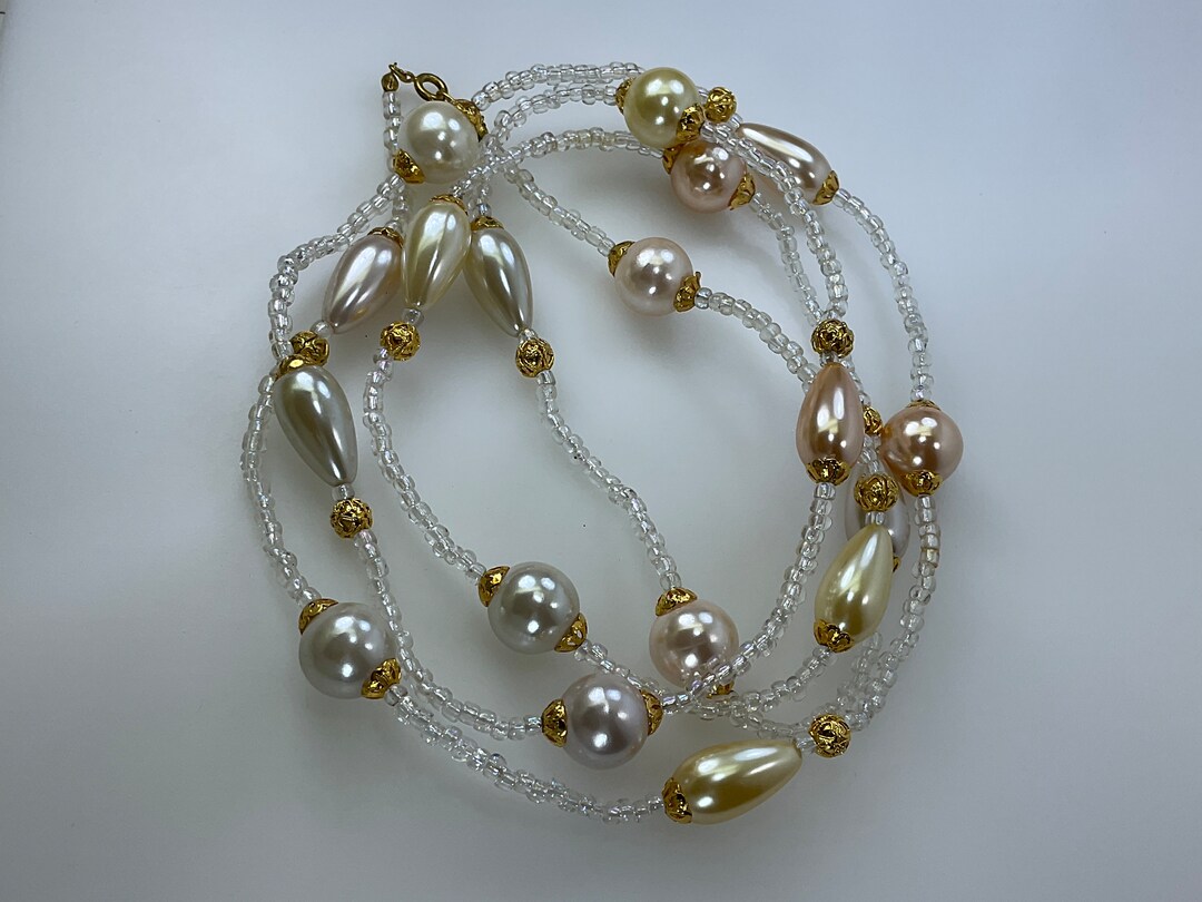 Vintage Avon 53 Necklace With Gold Toned Clear White Pink Yellow Pearly ...