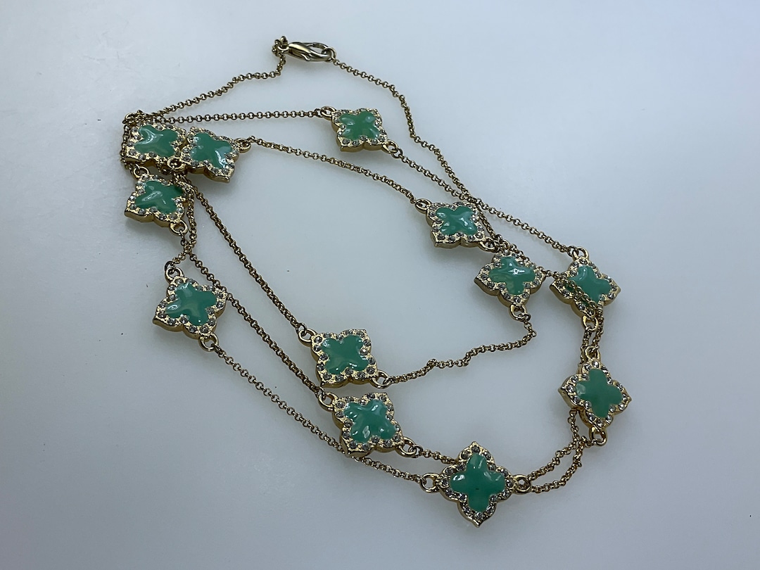 Vintage 36 Necklace Gold Toned Chain With Florals and Green Enamel and ...