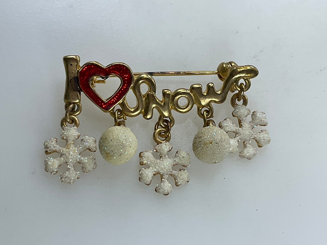 Vintage Pin Brooch Gold Toned I Love Snow With Snowflakes Snowballs Red ...