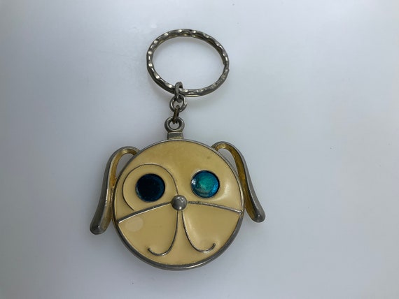 Vintage Keychain Gold Toned Round Dog Face With Blue … - Gem