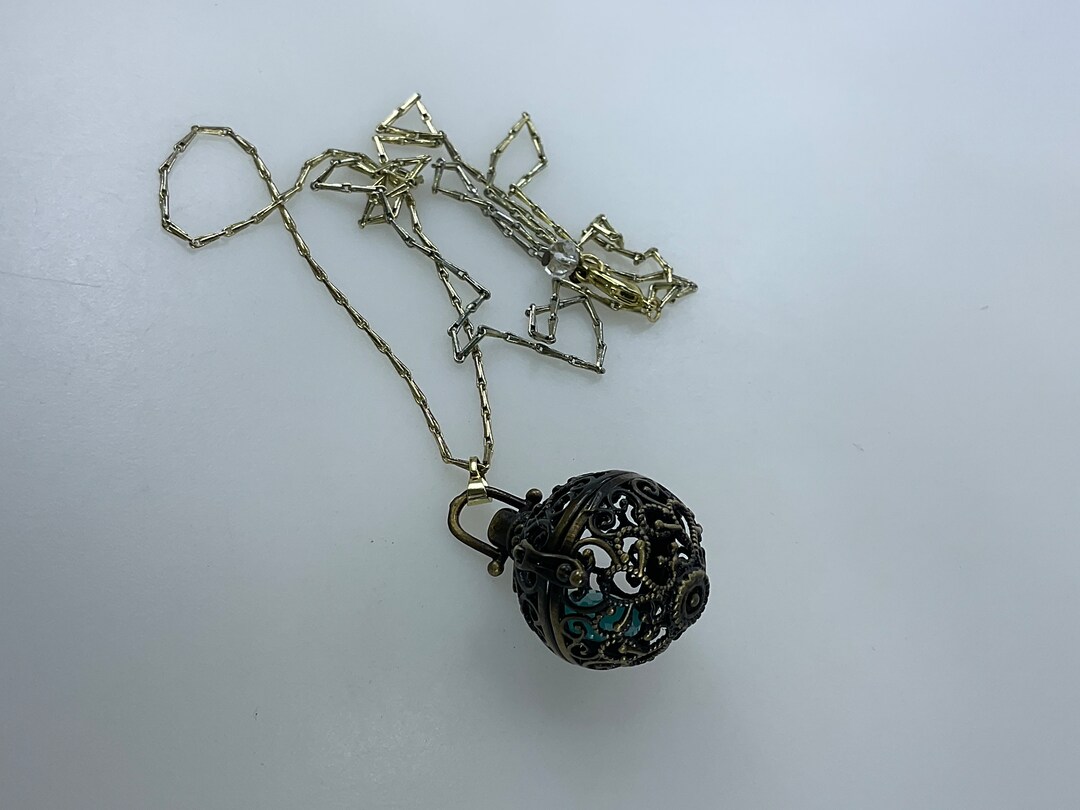 Vintage 29 Necklace Gold Brass Toned Filigree Round Cage With Blue Bead ...