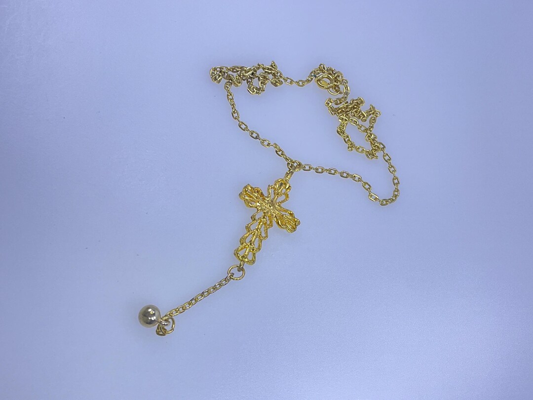 Vintage 18” Necklace Gold Toned Cross With Dangle and Bead Used - Etsy